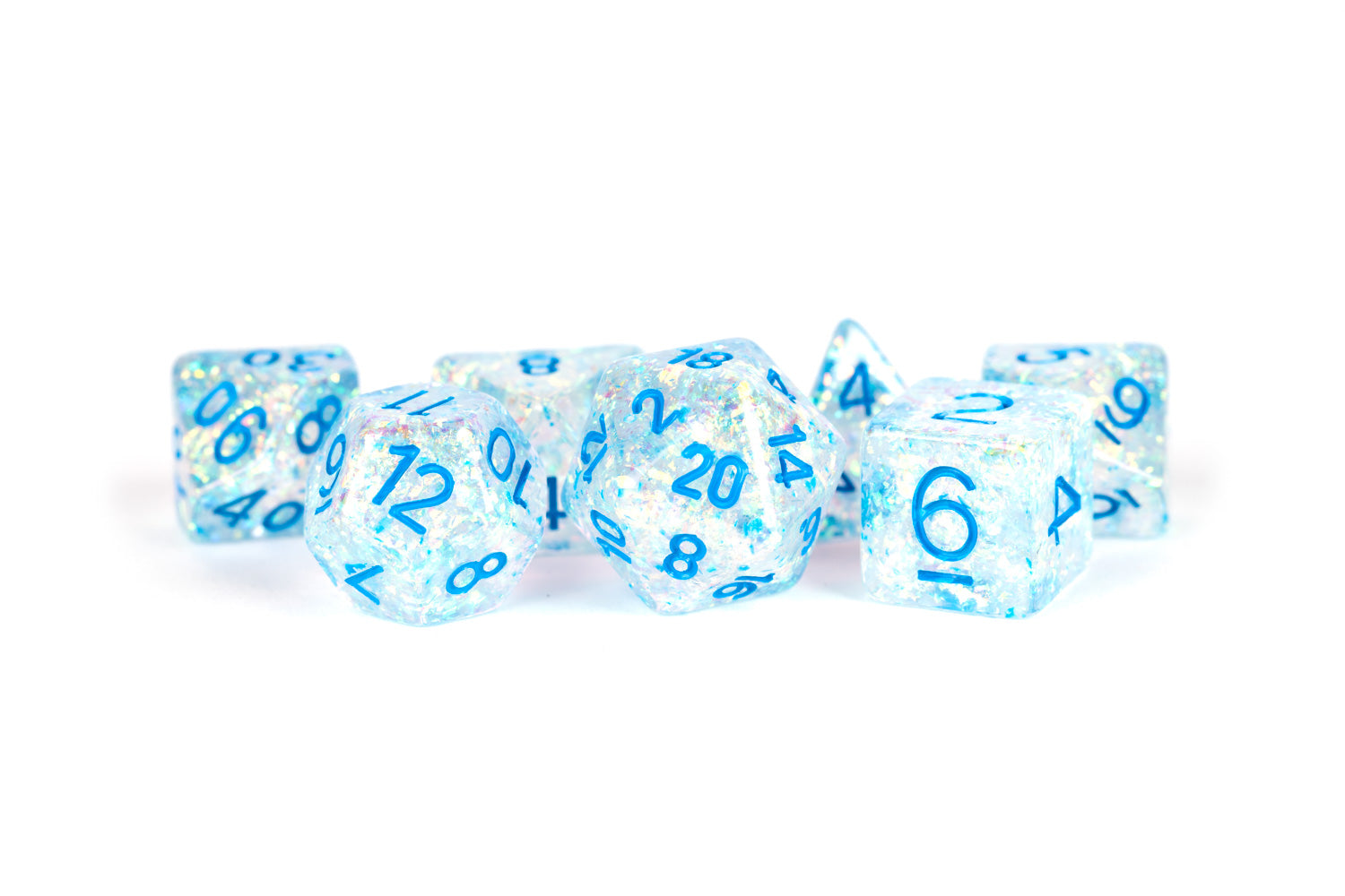 16mm Resin Flash Dice Poly Dice Set: Clear with Light Blue Numbers ...